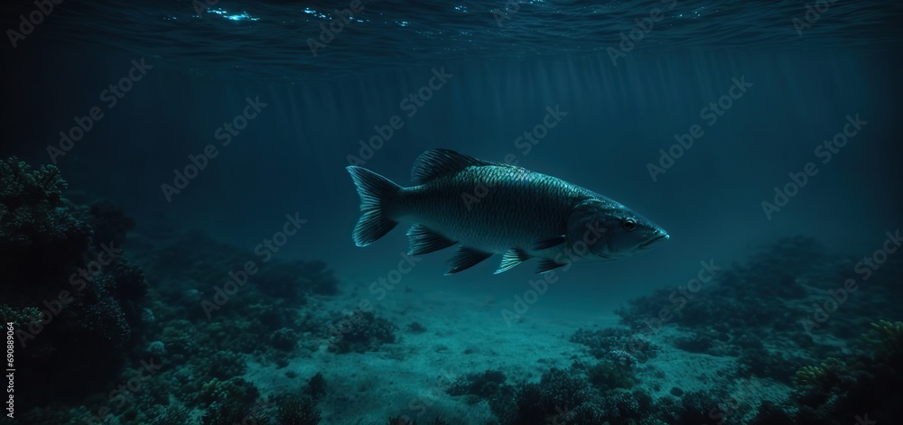 A lone fish gliding through a dark, mysterious underwater world ...