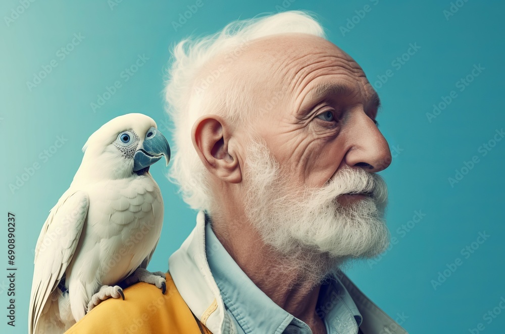 Elderly man white parrot best friend. Healthy citizen happy family ...