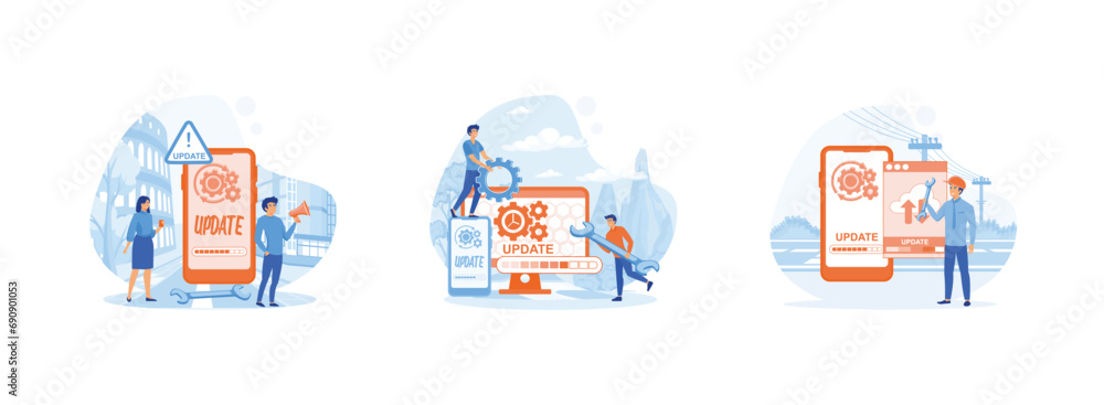 Cartoon software update people for mobile app design, update software ...