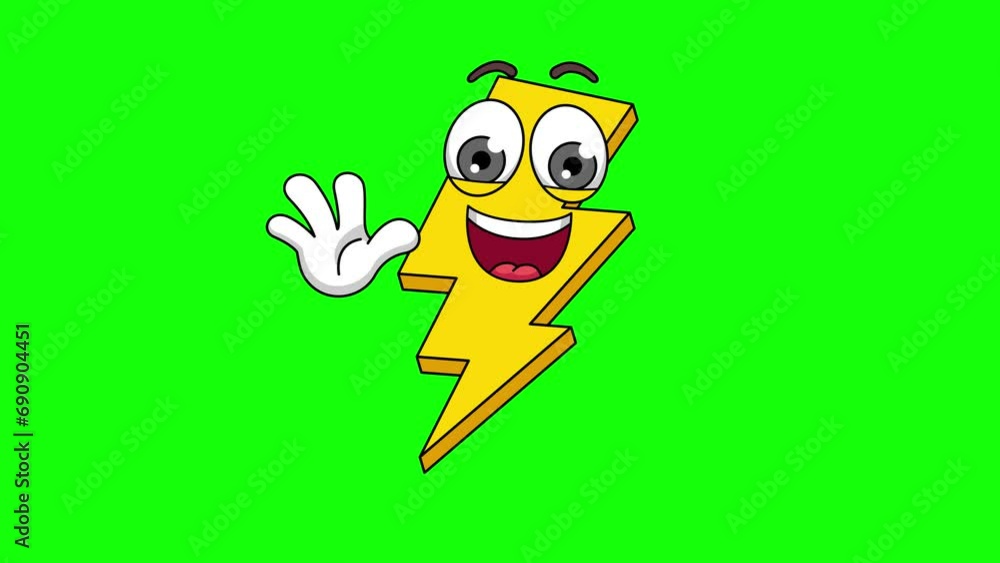 Waving hand animation of a thunder cartoon, mascot character on green ...