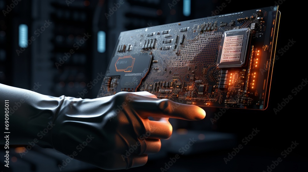 A contemporary, high-tech robot arm holding an advanced supercomputer ...