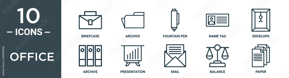 office outline icon set includes thin line briefcase, archive, fountain ...