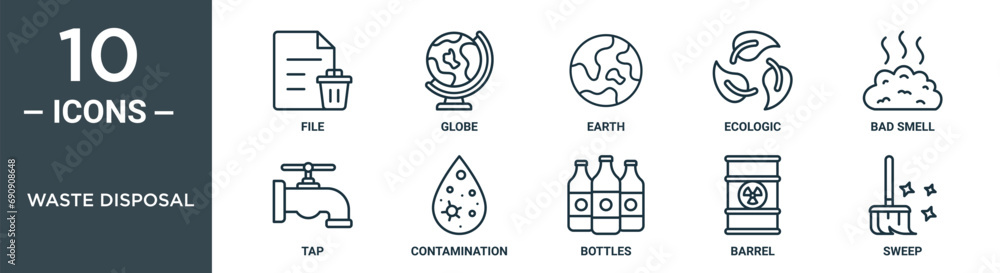 waste disposal outline icon set includes thin line file, globe, earth ...