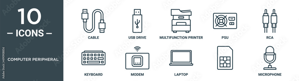 computer peripheral outline icon set includes thin line cable, usb ...