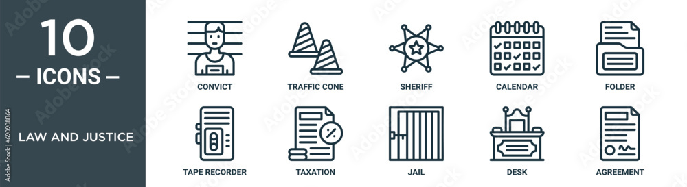 law and justice outline icon set includes thin line convict, traffic ...