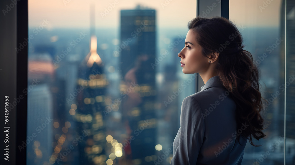 Professional business woman looking through window of her office ...