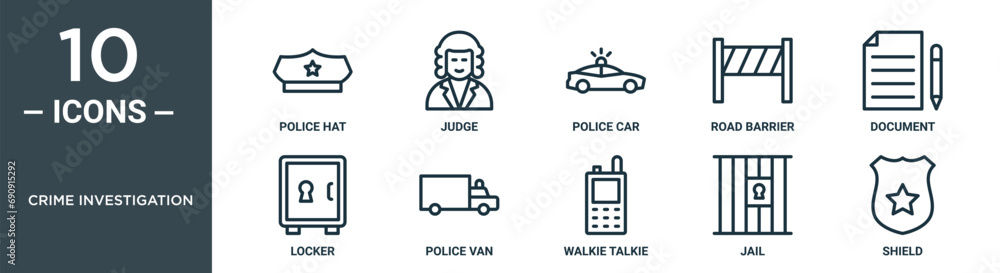 crime investigation outline icon set includes thin line police hat ...
