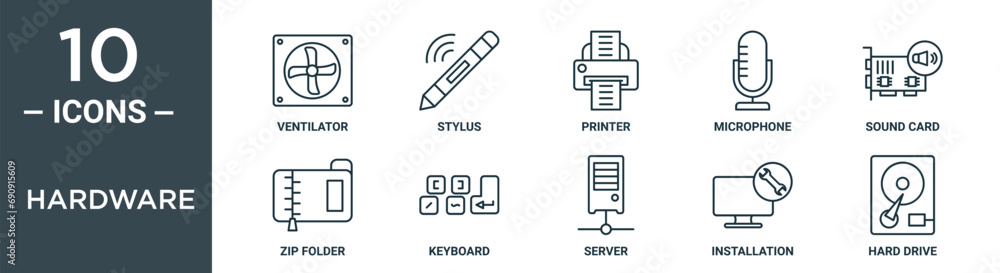 Vetor de hardware outline icon set includes thin line ventilator ...