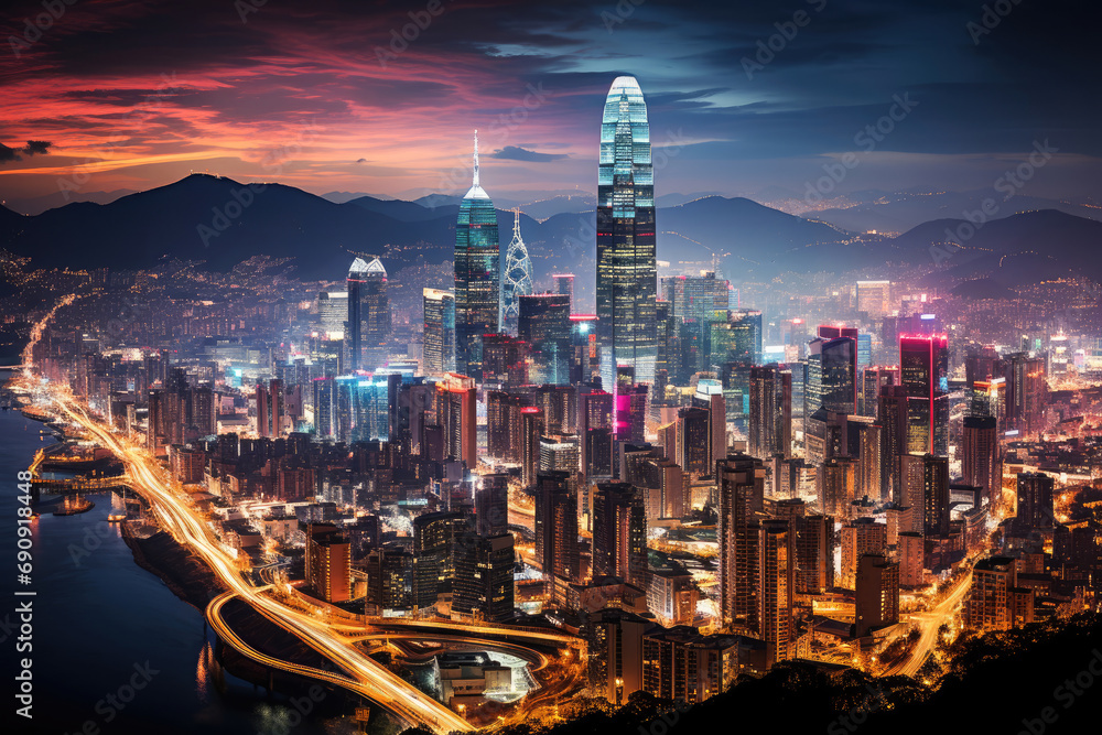 Stunning night view of a vibrant cityscape with illuminated skyscrapers ...