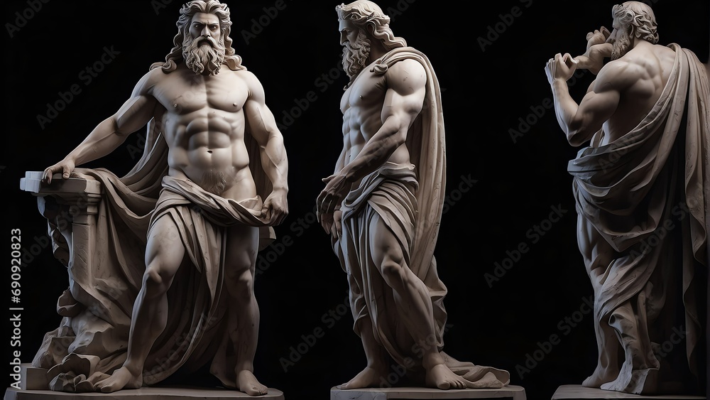 Full body marble statue of greek god zeus on plain black background ...