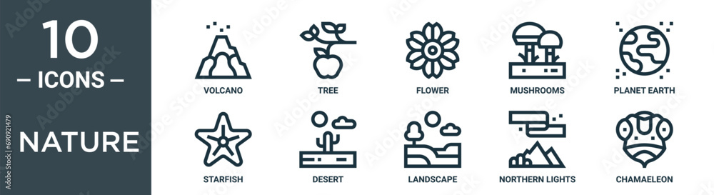 nature outline icon set includes thin line volcano, tree, flower ...