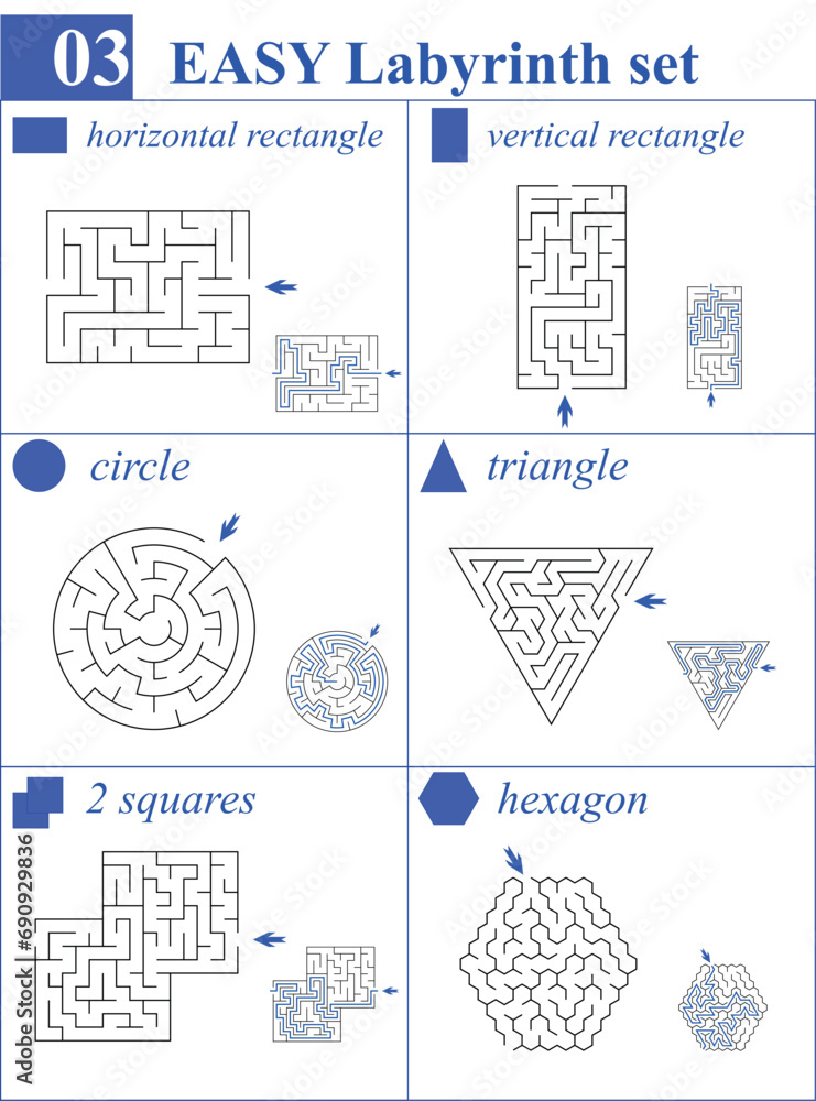 Set of 6 labyrinths in different shapes: vertical and horizontal ...