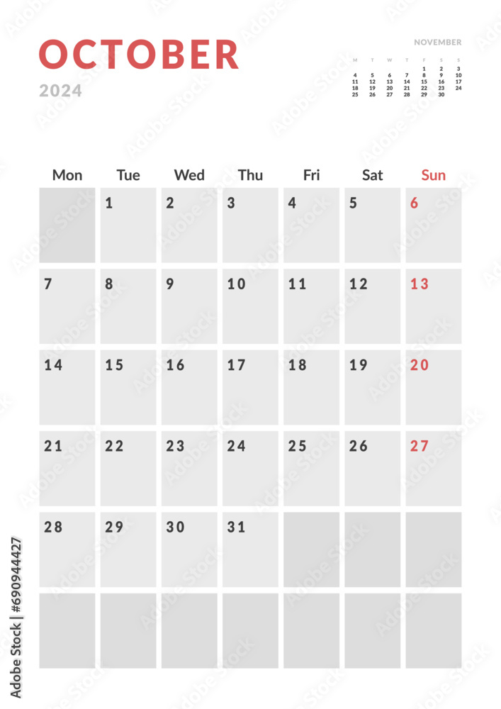Monthly page Calendar Planner Templates of October 2024. Vector layout ...