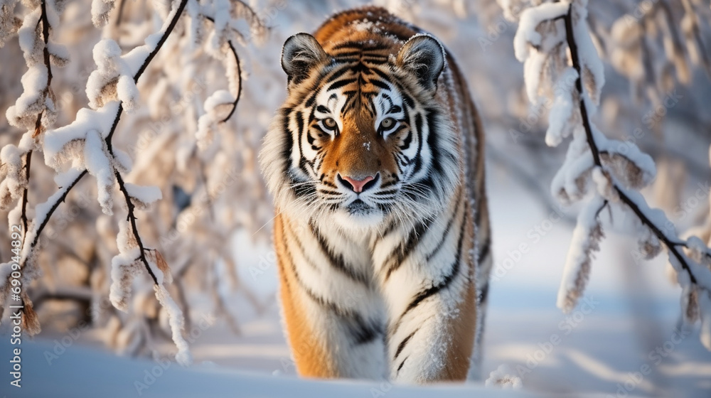 Amur Tiger in Winter Wonderland: An Amur tiger navigating a snowy ...