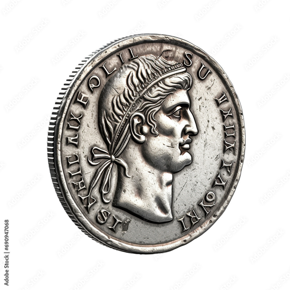 Antique silver Roman coin, isolated on a transparent-white background ...