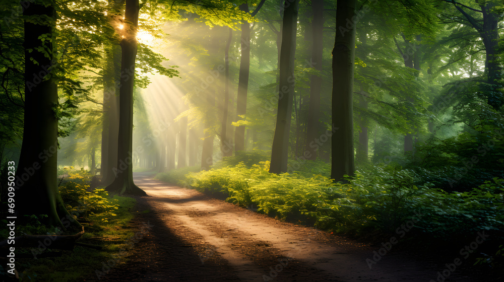 Sunlight on a path in woodlands Stock Illustration | Adobe Stock