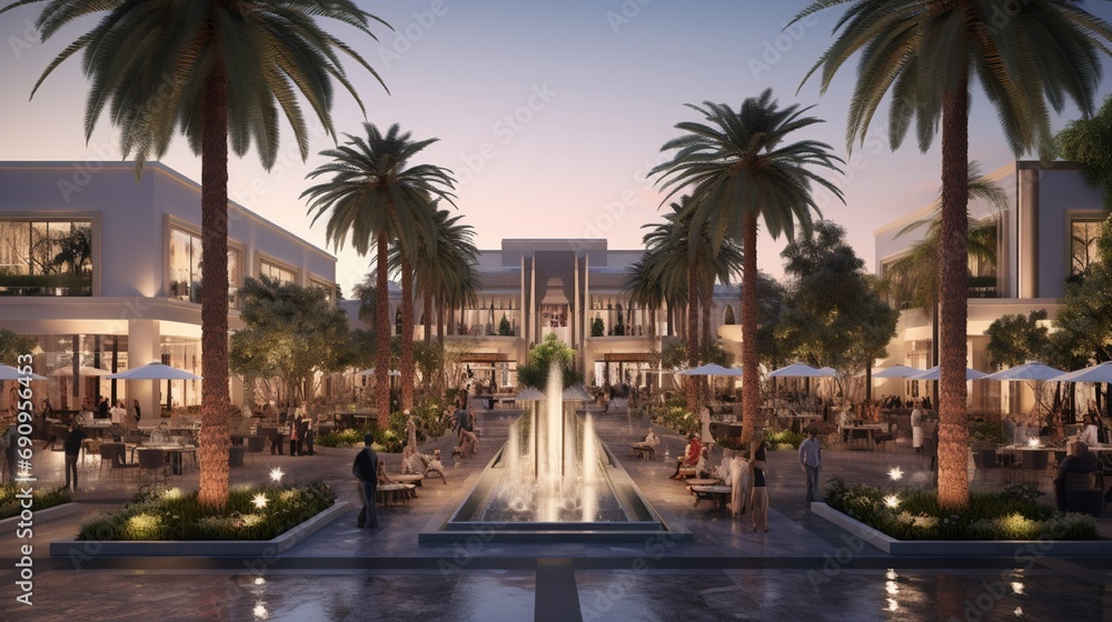 An upscale shopping plaza with an elegant outdoor promenade, adorned ...