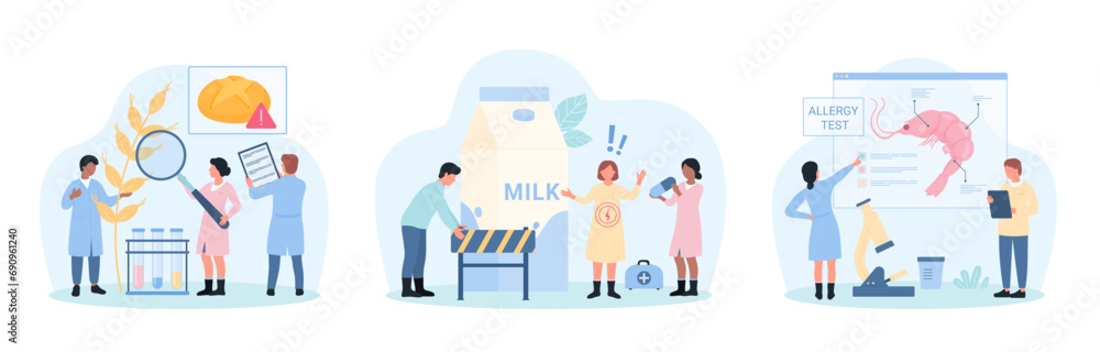 Food allergy set vector illustration. Cartoon tiny people warning ...