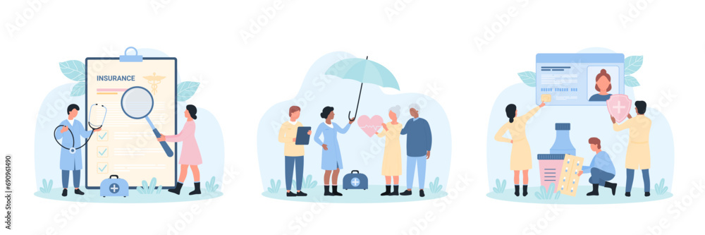 Life and health insurance set vector illustration. Cartoon tiny doctors ...