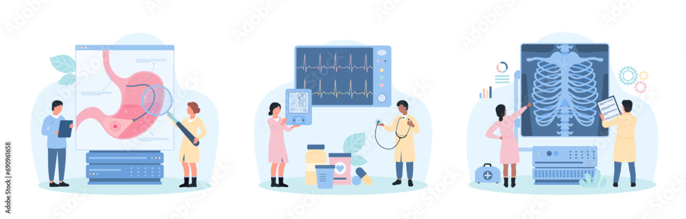 Medical examination set vector illustration. Cartoon tiny doctors with ...