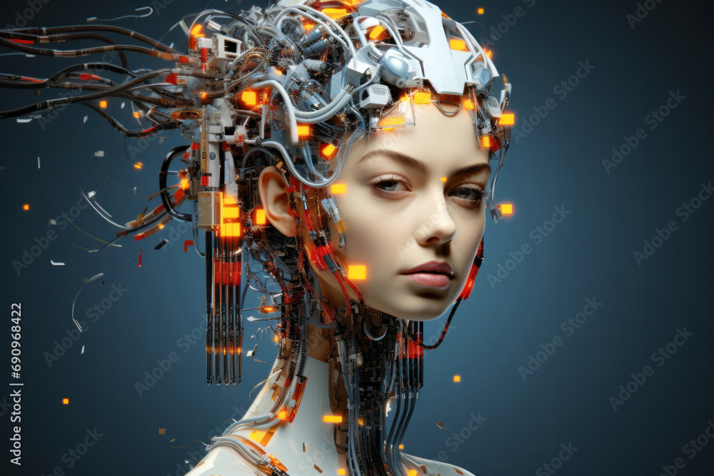 Portrait of humanoid cybergirl with a neural network. Artificial ...