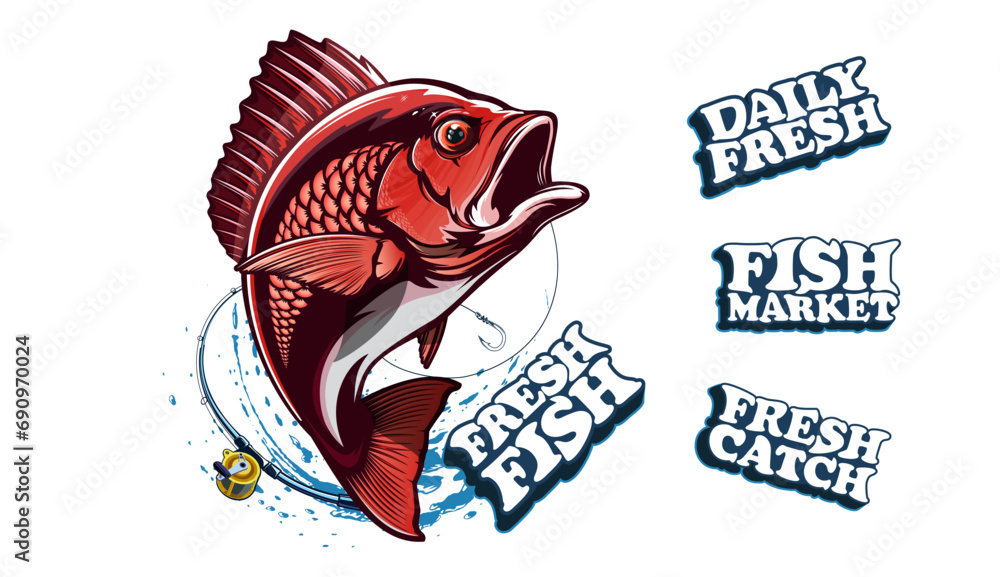 Red snapper isolated vector illustration. Fishing logo of red snapper ...
