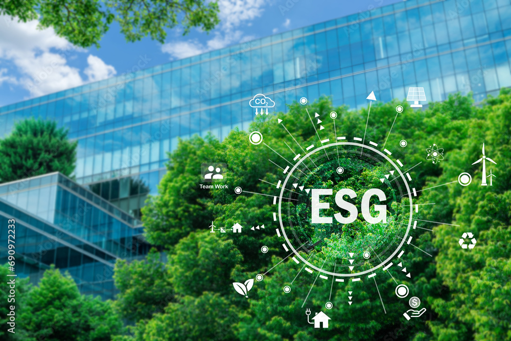ESG concept. Eco-friendly building in modern city. Sustainable glass ...