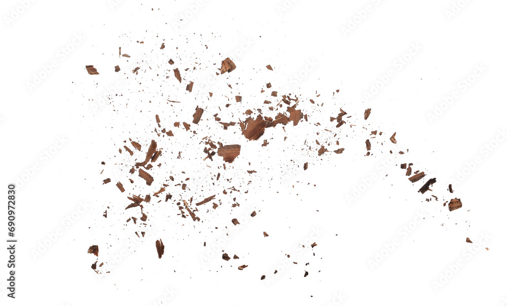 Wood pieces and dust, crushed tree bark isolated on white background ...