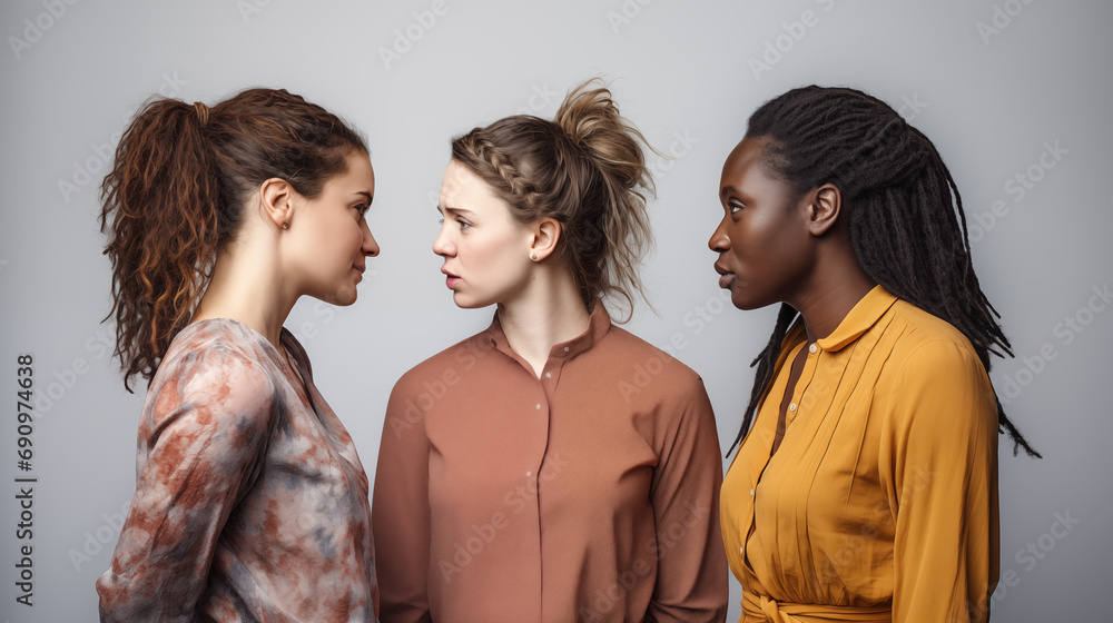 three young women of different races engaged in meaningful conversation ...