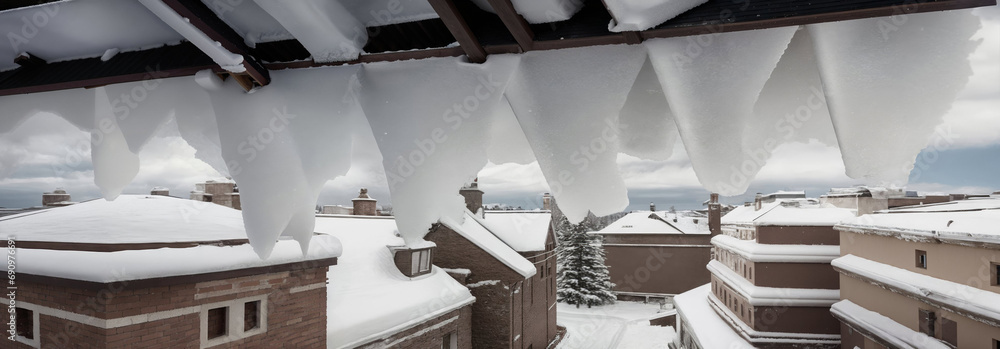 dangerous ice dams hanging from roof. Ice and snow covers roof building ...