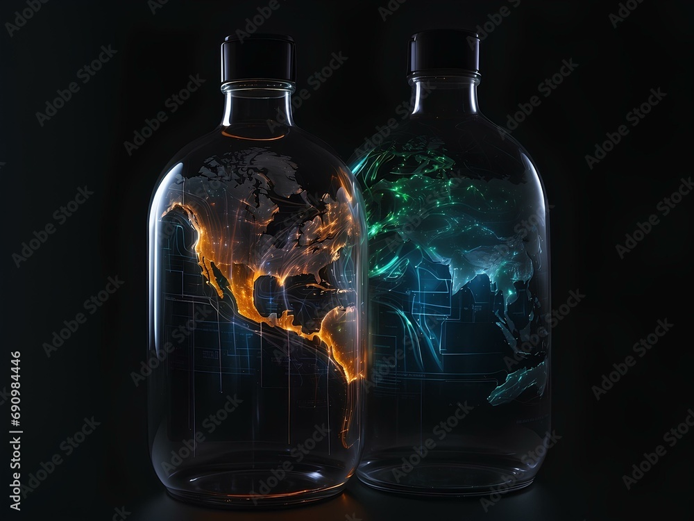 transparent glowing globe map on glass bottles, glowing lines, black ...
