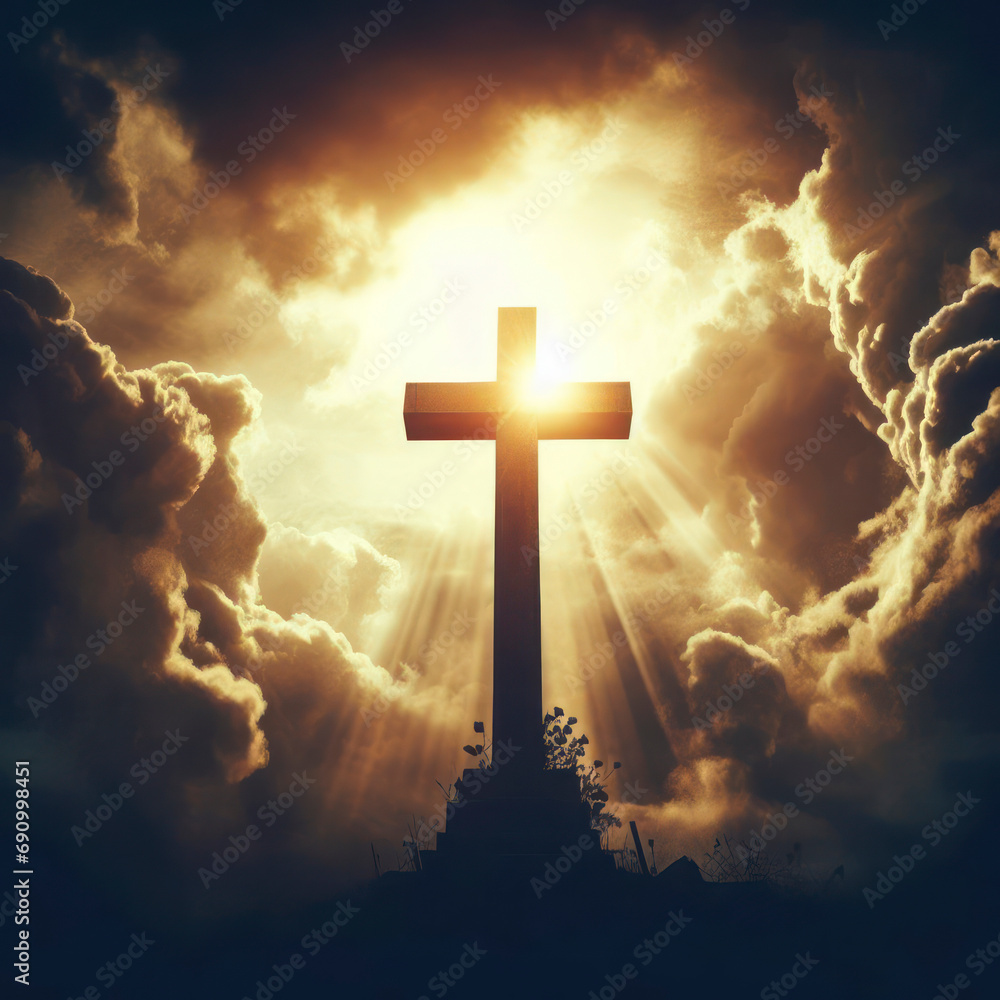 Dramatic Easter Cross Illuminated by Sun Amid Storm Clouds, detailed ...