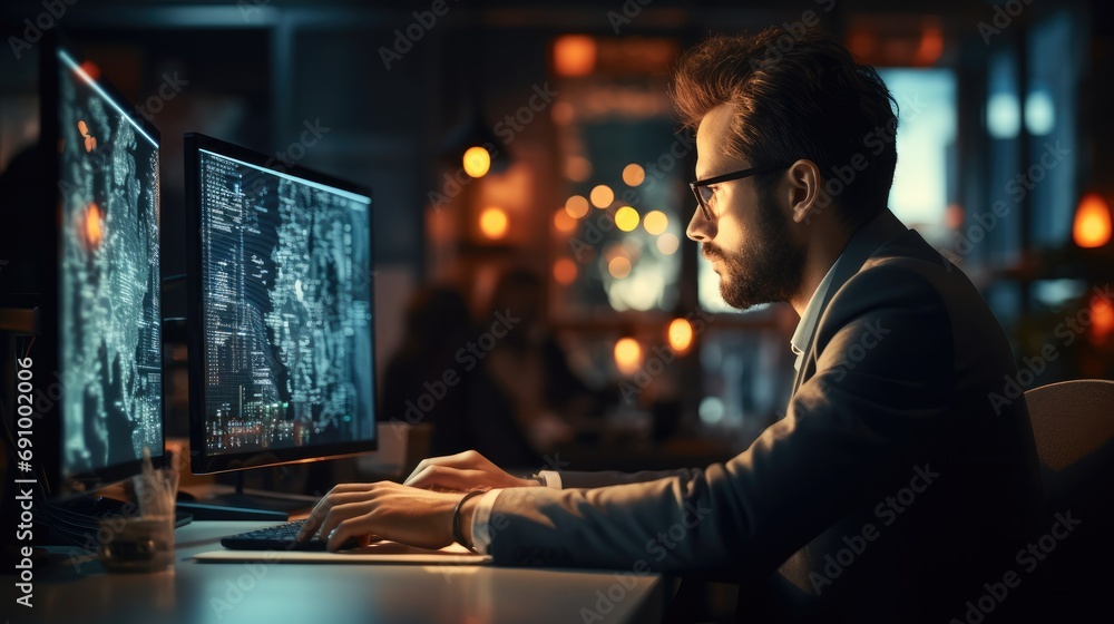 Developer coder intensely working on their computer with lines of code ... Developer coder intensely working on their computer with lines of code ...