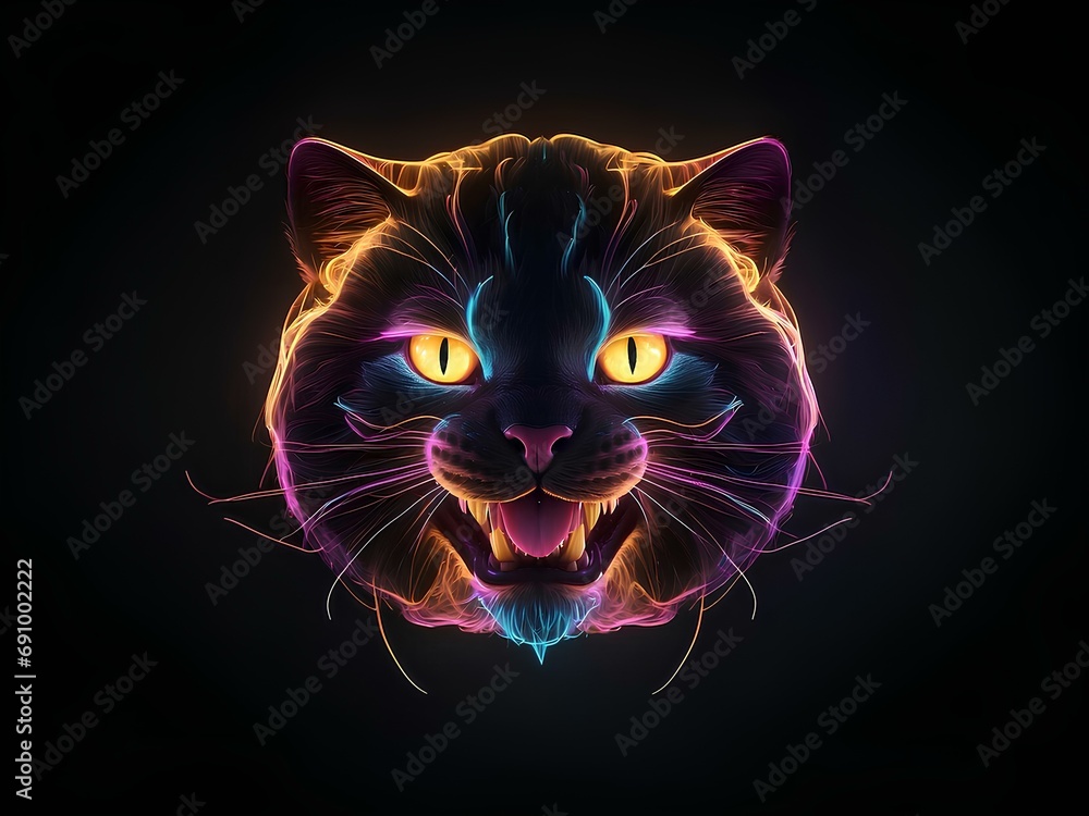transparent glowing cat face, glowing lines, black background, for ...