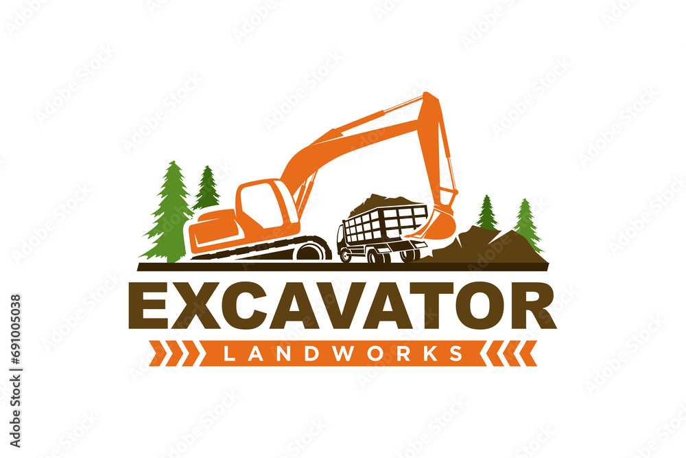 Excavator digging logo, truck earth mover industry construction icon ...