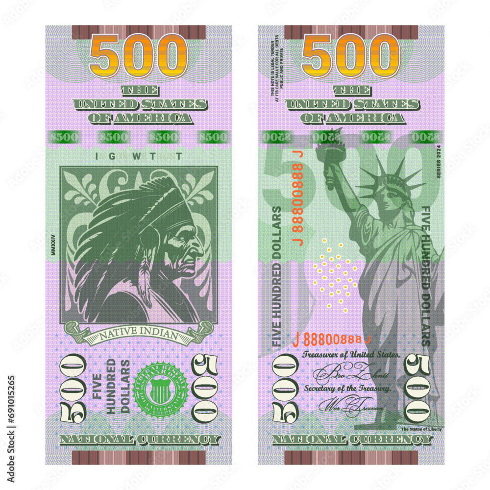 Vector new vertical banknote of 500 US dollars 2024. Obverse and ...