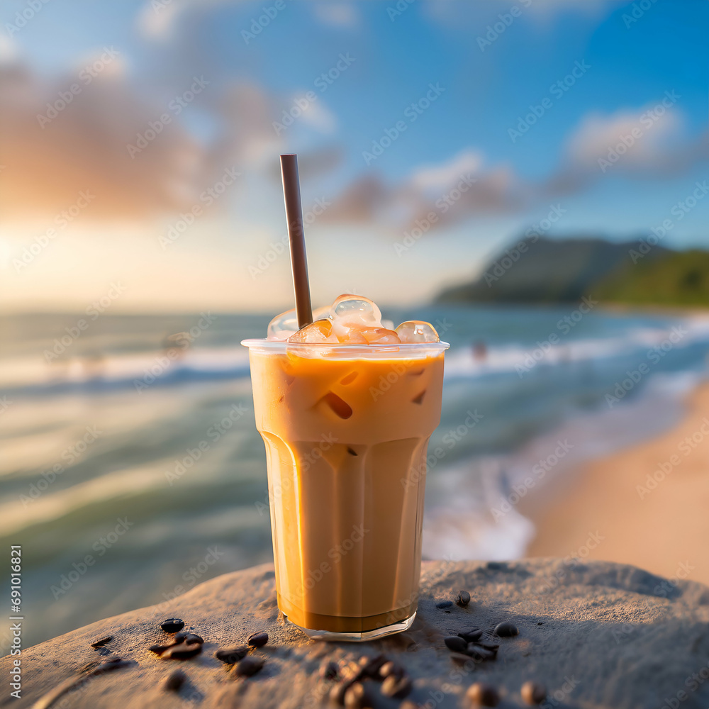 Iced milk tea image with bright sea background,teamwork out of focus ...