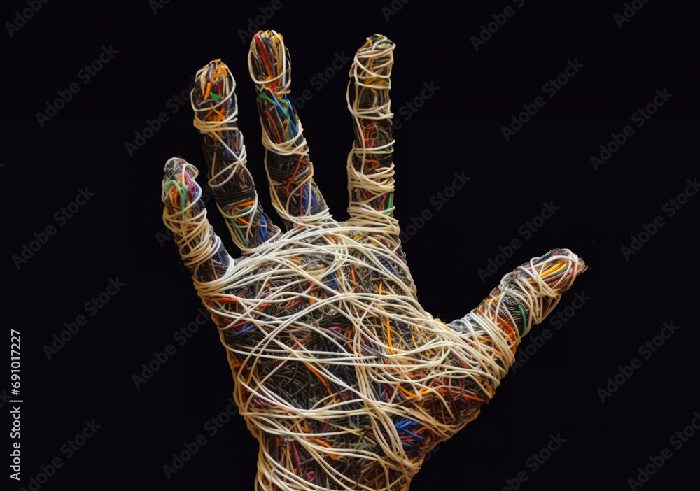 Human hand made of multi-colored electronic wires. Human wires Stock ...