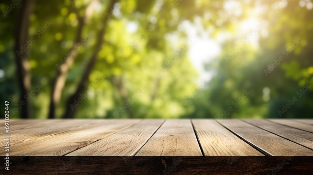 Wooden table surface background with green nature background behind ...