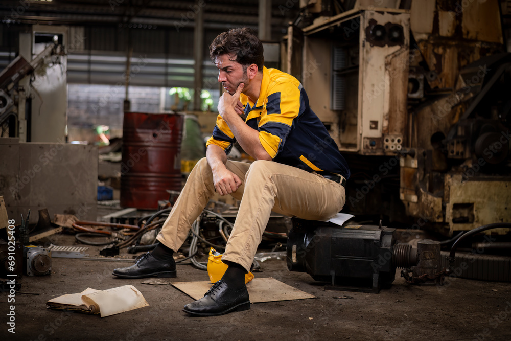 Worker wearing uniform sitting in factory plantation posing feel tried ...