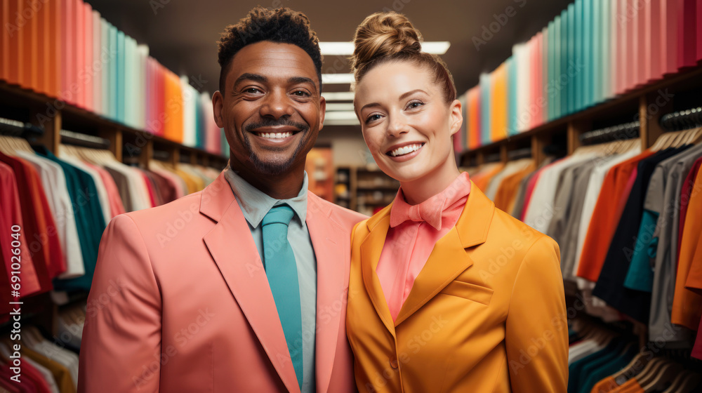 Diversity couple in bright suits stand in a clothing store with a ...