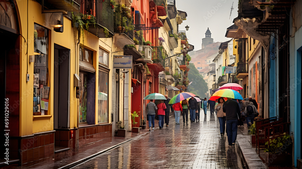 Lively and colorful street scene in Old Town Quito Ecuador with historic buildings. Stock Photo ...