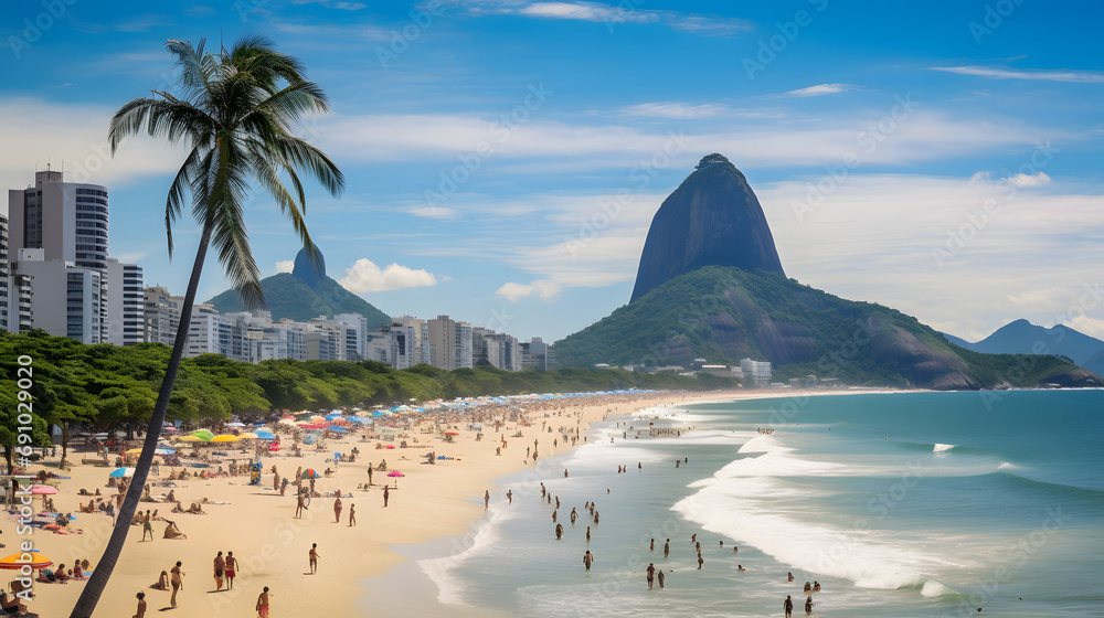 Lively Rio de Janeiro beach scene with Sugarloaf Mountain in the ...