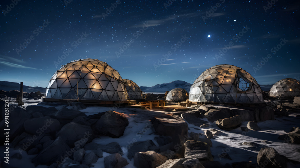 Traditional Inuit igloos under a starry sky in Greenland. Stock Photo ...