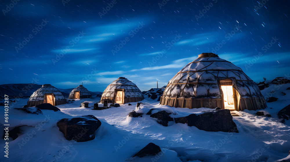 Traditional Inuit igloos under a starry sky in Greenland. Stock-Foto ...