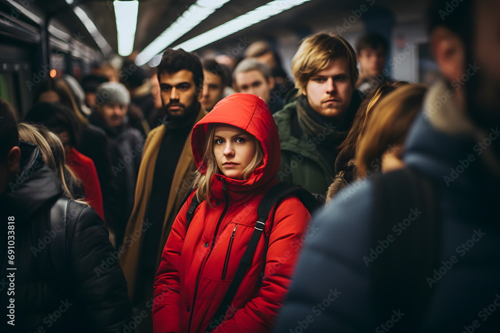 Girl in red clothes in the hood in a crowd of people on a subway ...