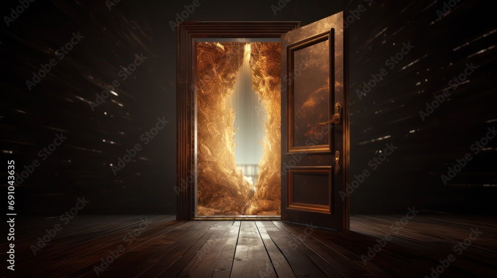 A surreal depiction of a door open into reality, photography, gold ...