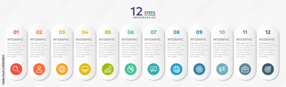 Infographic template with 12 capsule options for presentation and data ...