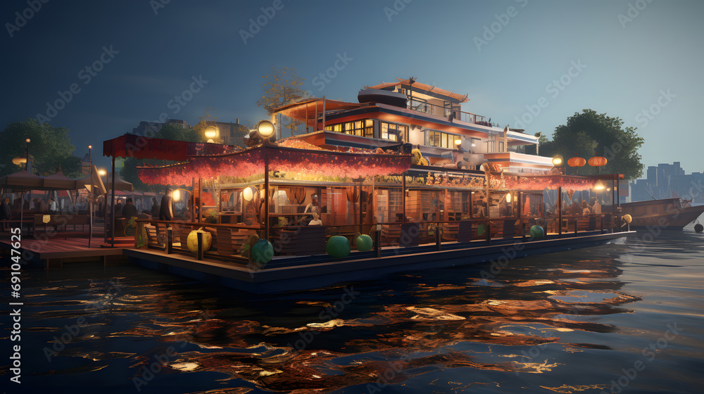 An old ferry transformed into a floating restaurant with vibrant décor ...