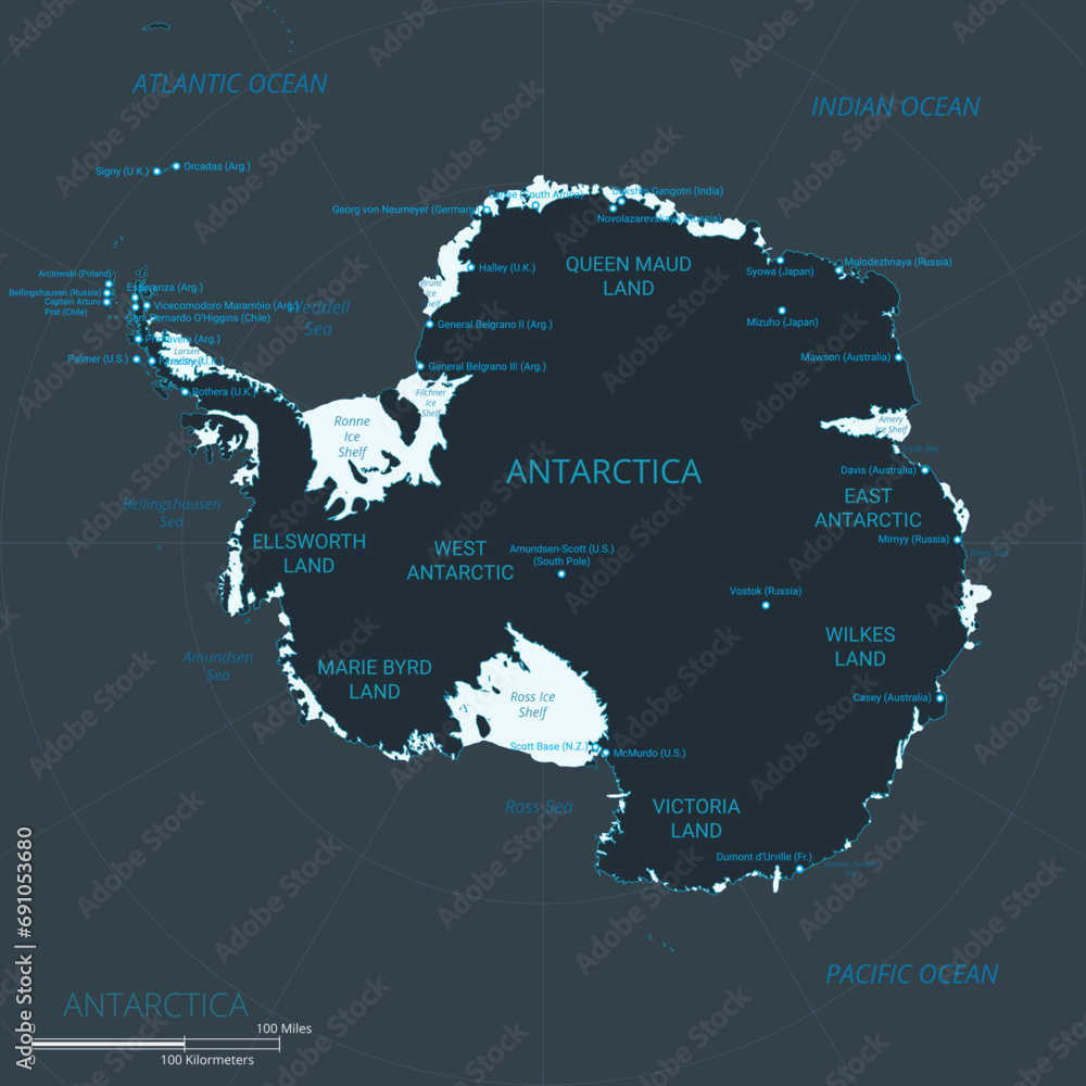 Vetor de Antarctic Continent Map. High detailed map of Antarctic Continent with countries ...